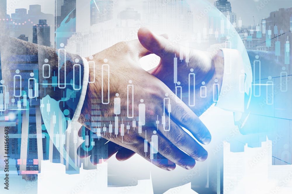 Concept of partnership. Business man handshake over global world map ...