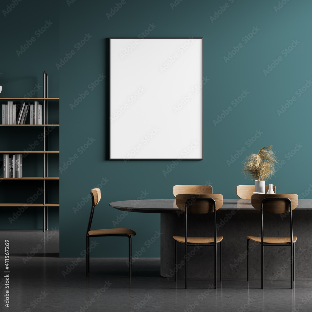 Dining room interior, table with chairs and a framed vertical poster ...