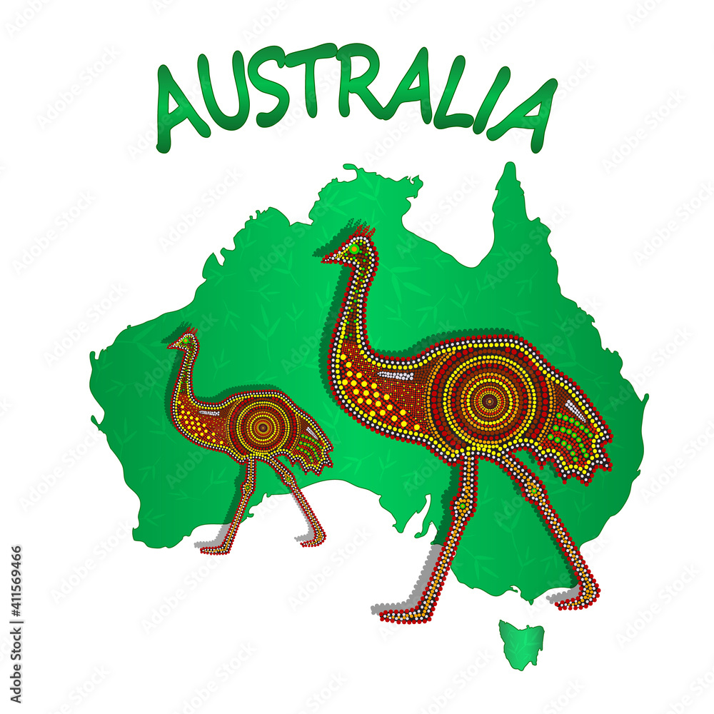 Map of Australia with two emu isolated on white background. Australian ...