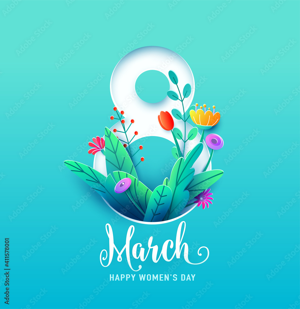 8 march, happy womens day greeting card vector illustration in 3d paper ...