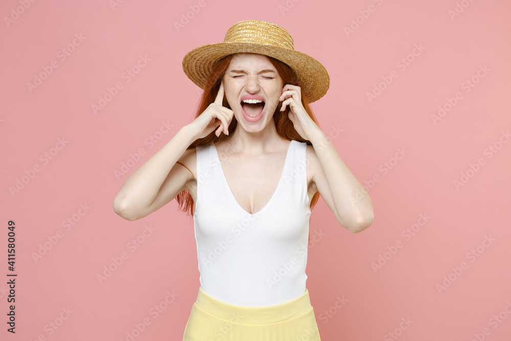 Young irritated angry hysteric redhead woman ginger long hair wear ...