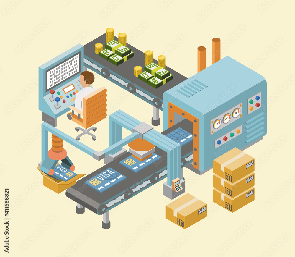 Isometric industrial factory horizontal banners with automated lines of ...