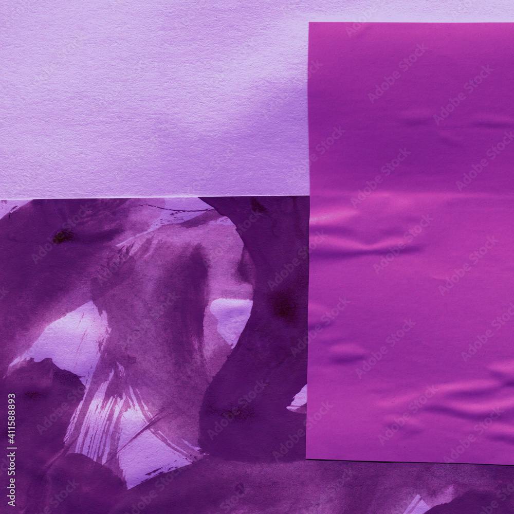lue and violet torn paper collage close-up. Texture made from various ...