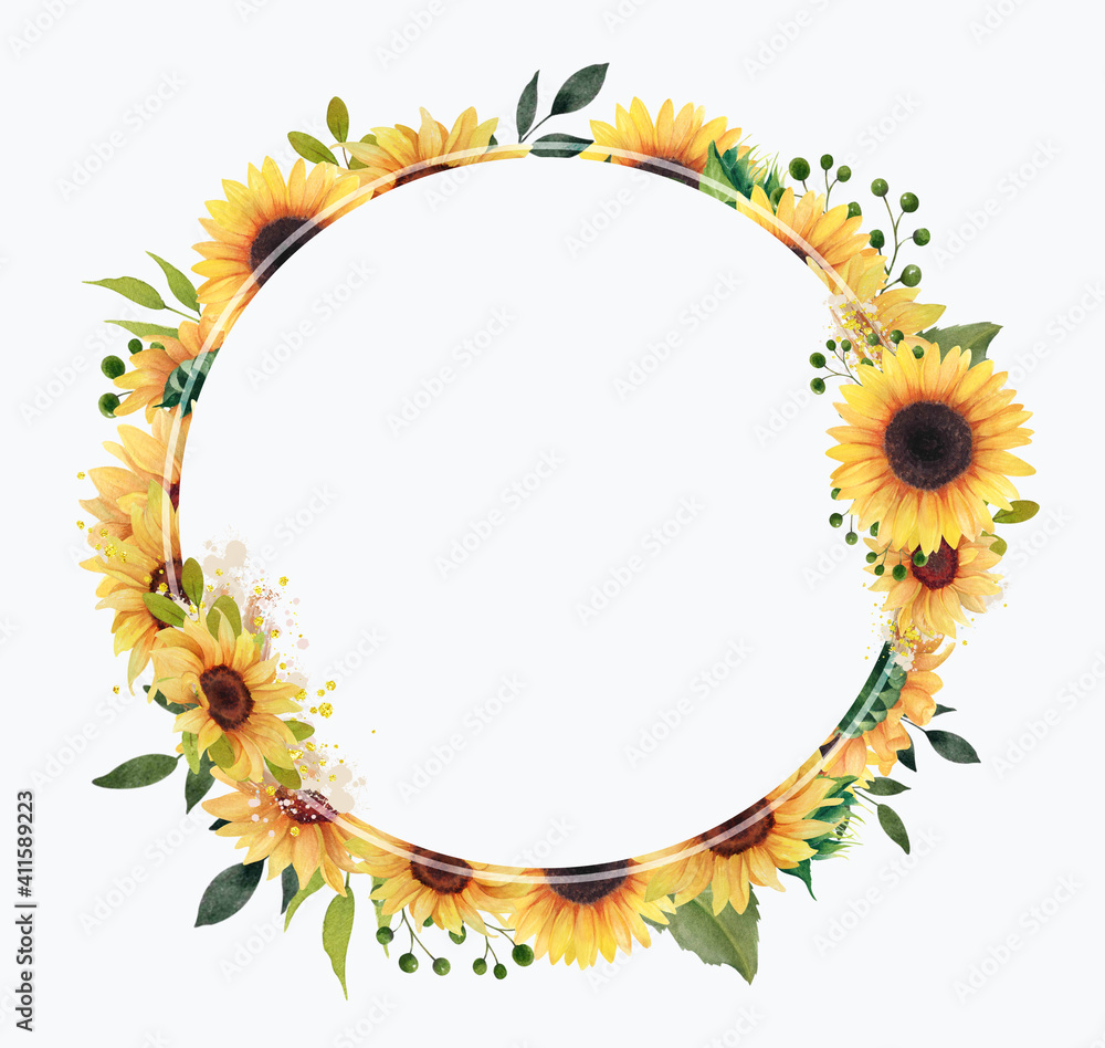 Watercolor sunflower frame, Floral clip art, Sunflower wreath, summer ...