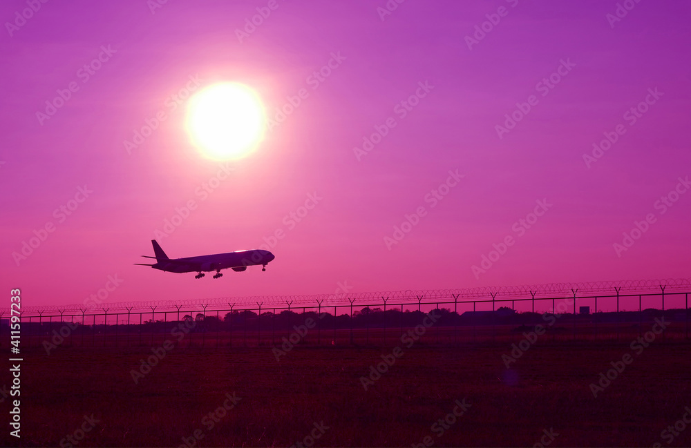 Pop art surreal styled silhouette of airplane taking off up to purple ...