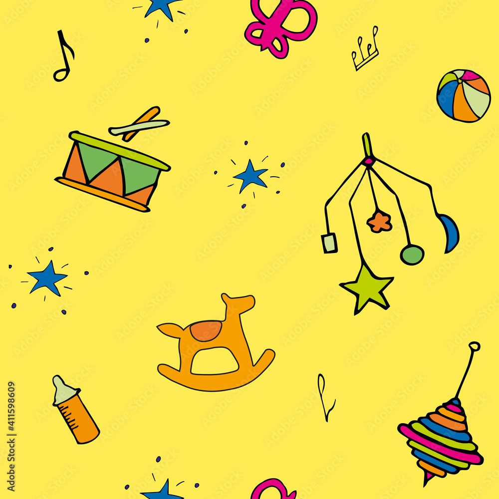 Yellow background pattern with kids toys and feeding bottle, stars and ...