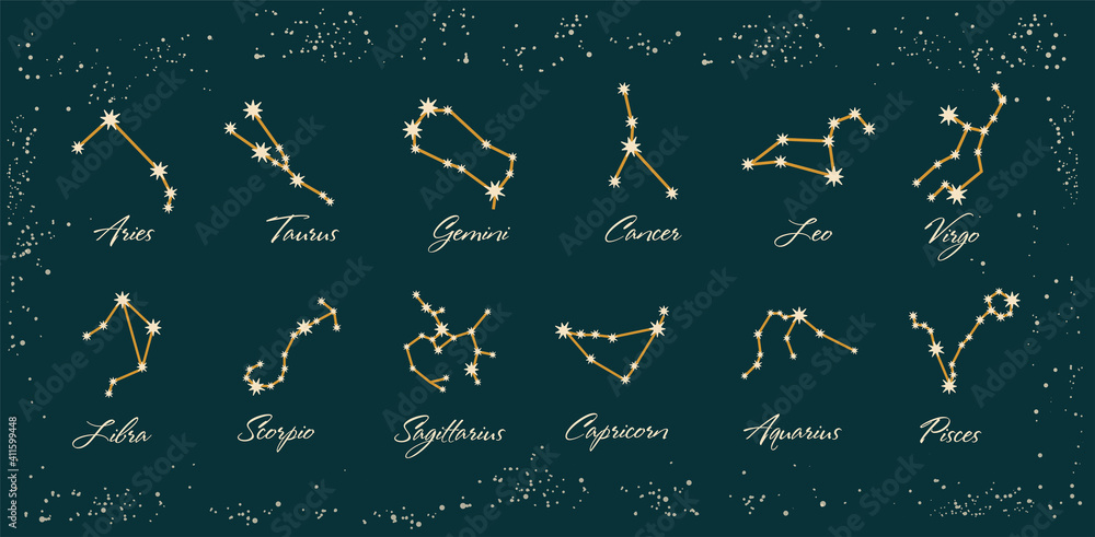 Set of signs of the zodiac, constellations. Horoscope symbols, stars ...