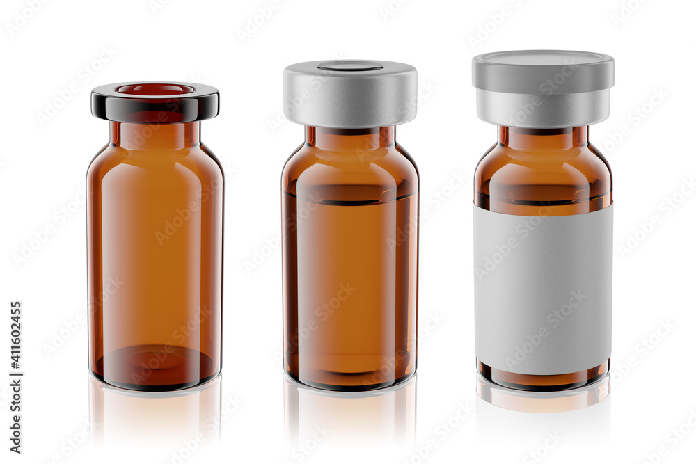 Vaccine brown glass injection vials set isolated. 3d rendering mockup ...