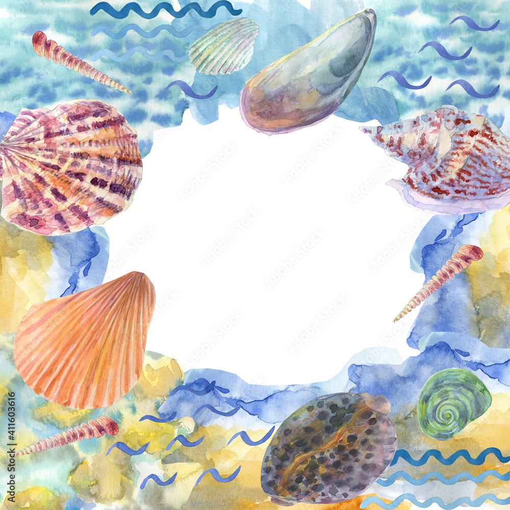Watercolor frame sea shells on white background, Watercolor frame, sea ...
