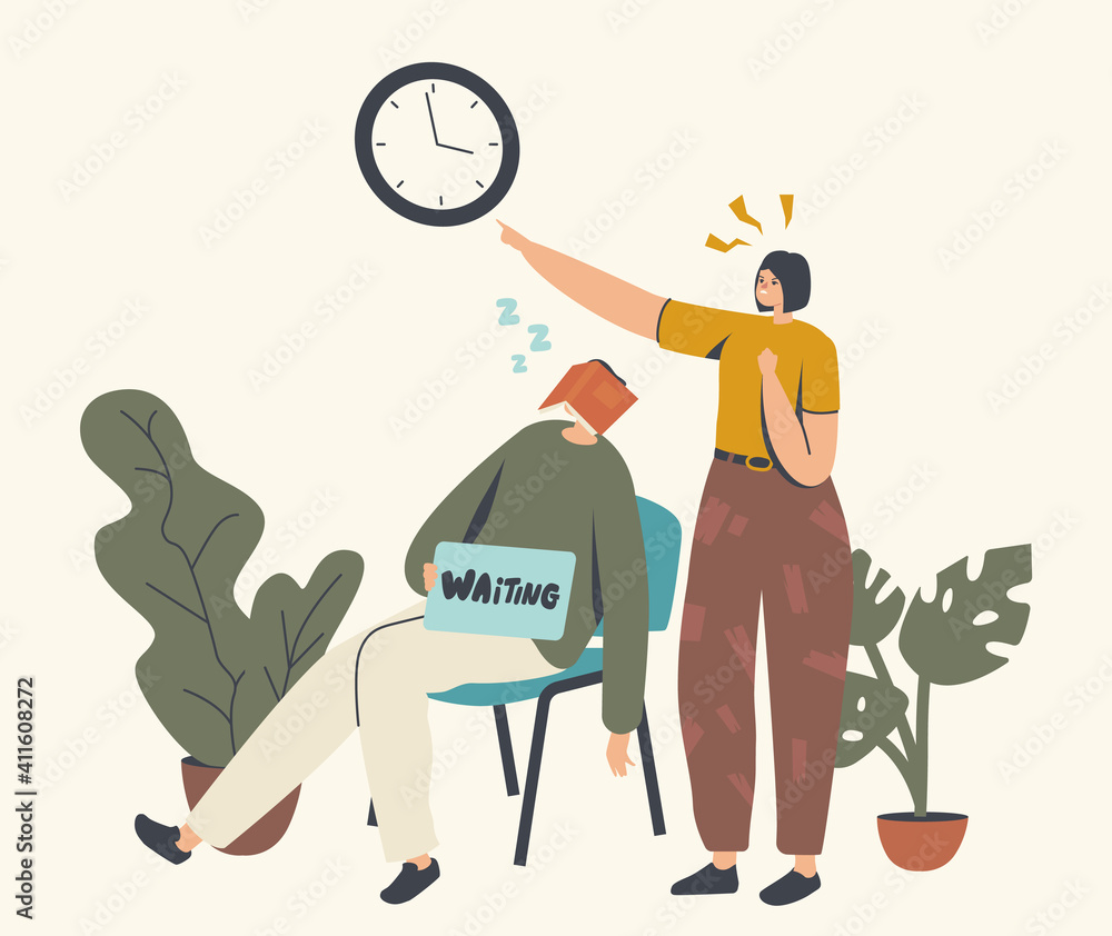 Long Wait, Tired Characters in Waiting Hall. Woman Pointing on Watch ...