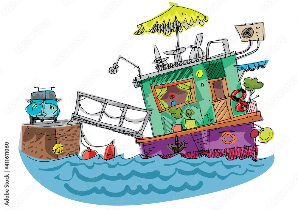 Cute boat house with furniture on top and on the deck. Cartoon ...