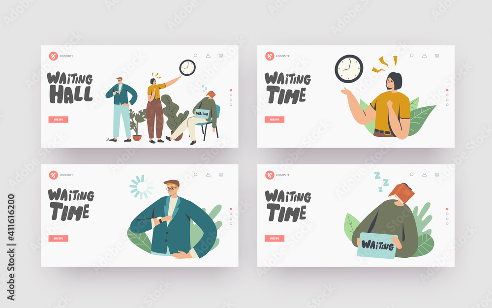 Long Wait Landing Page Template Set. Tired Bored Characters Long ...
