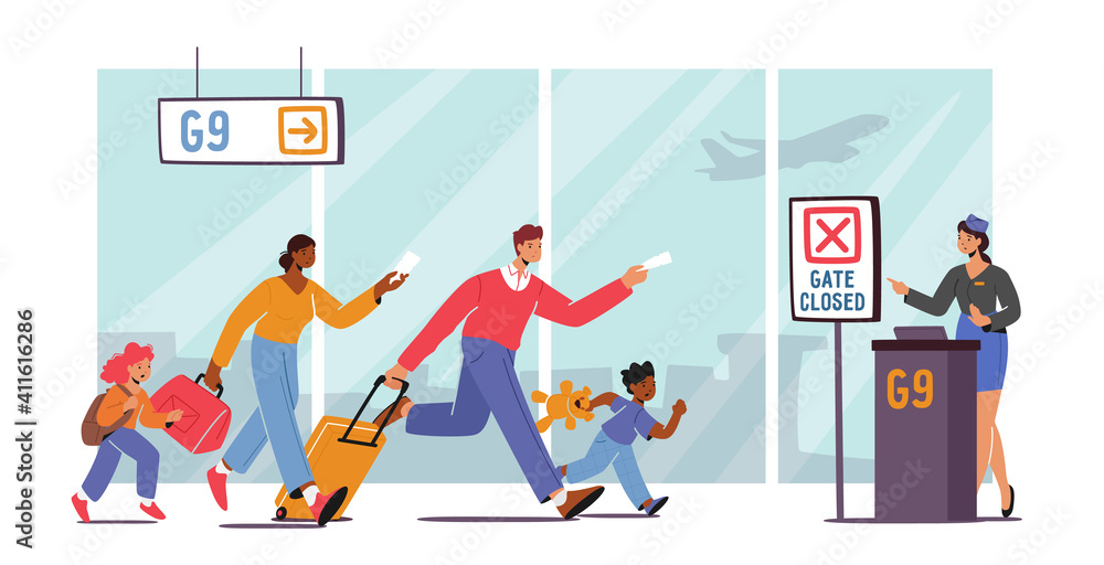 Family with Children Late for Boarding Plane. Worried People Run with ...