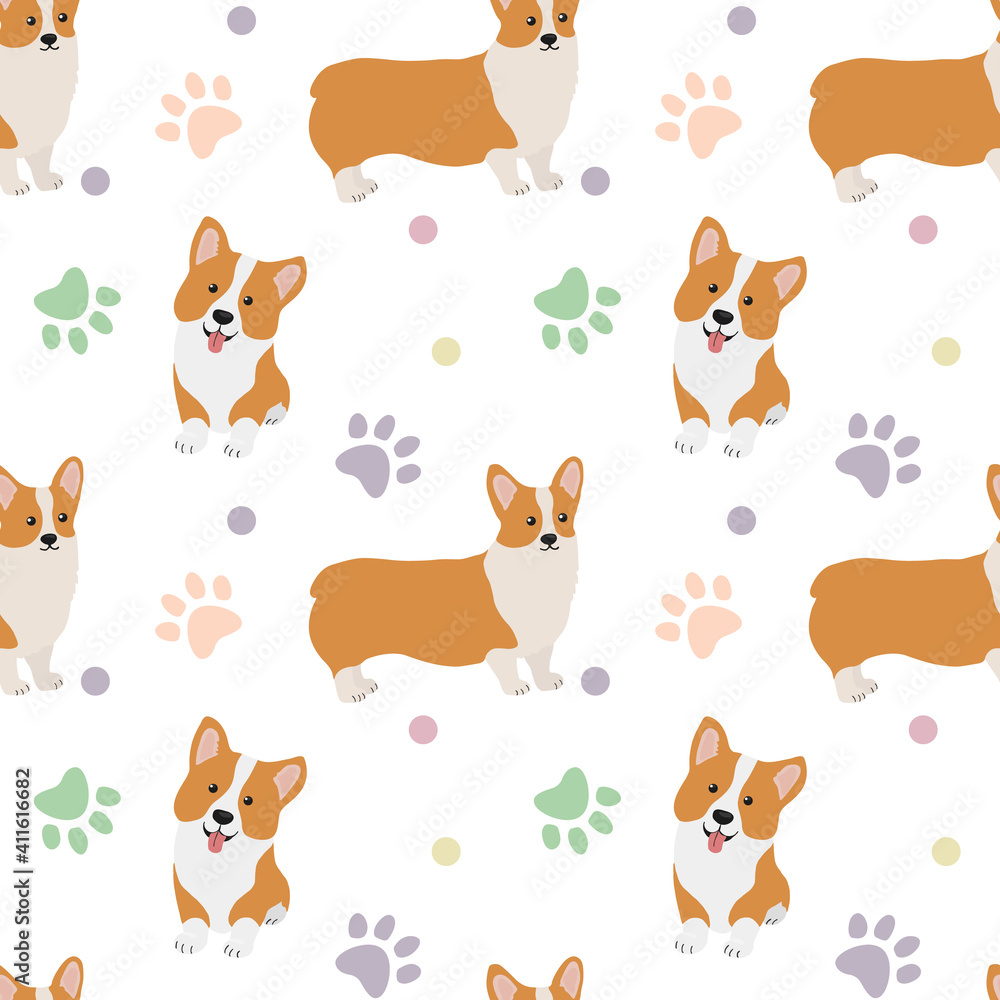 Seamless corgi pattern. Cartoon home pet, set of cute puppies for print ...