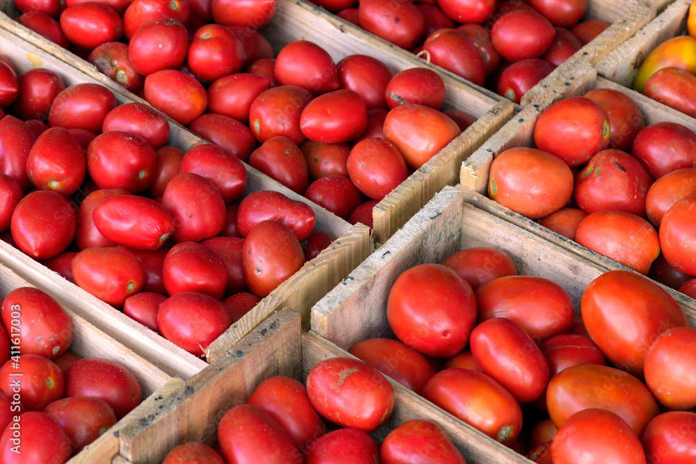 Geometric composition with tomato crates at the wholesale market stall ...