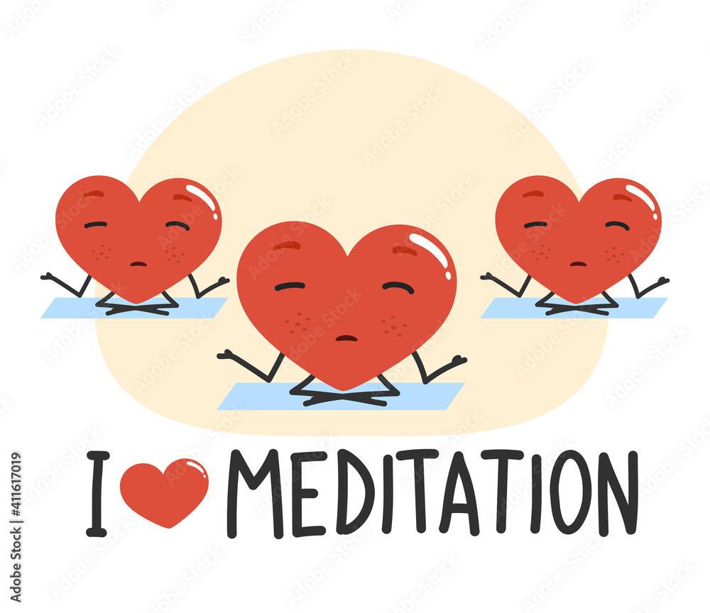 Vector cute heart characters doing meditation.Vector illustration ...