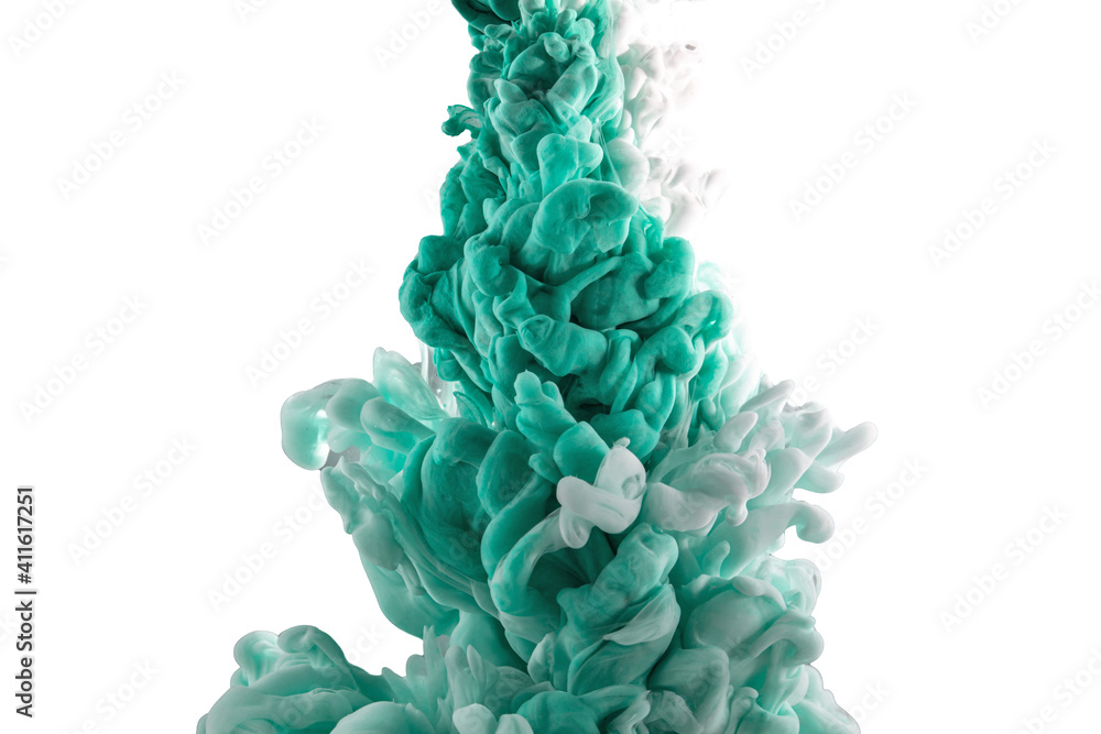 Green splash of paint ink in water isolated on white, liquid color ...