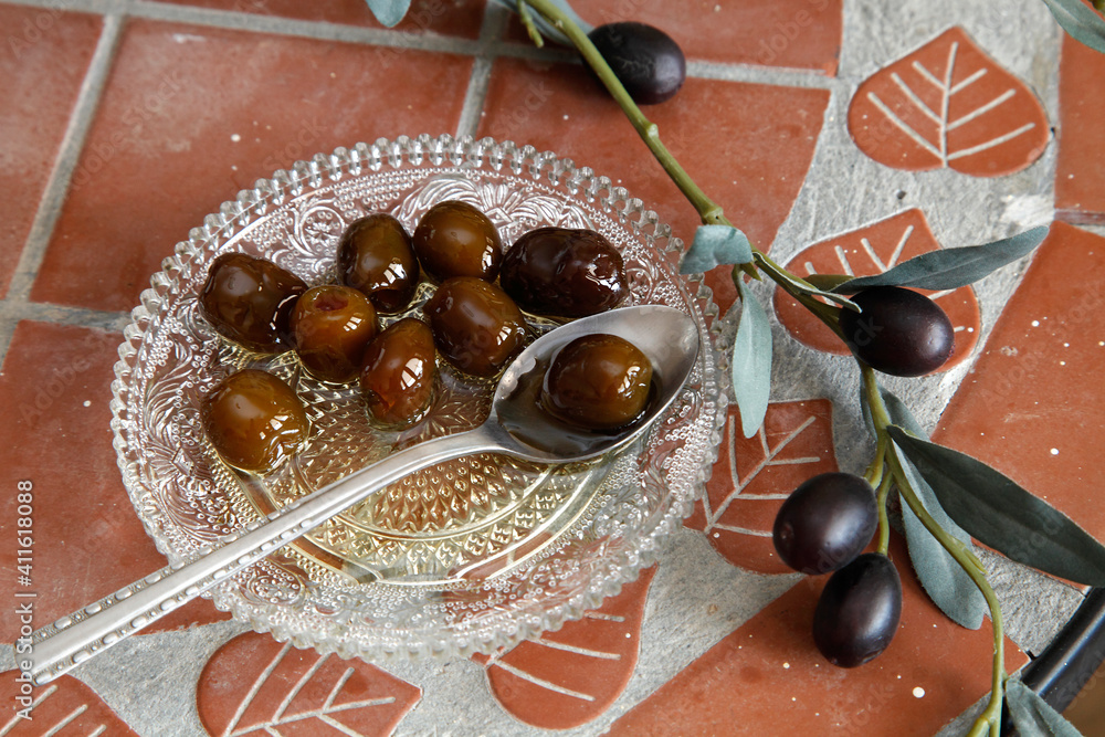 Spoon sweet of olive fruit, a traditional treat in Lesvos island and ...