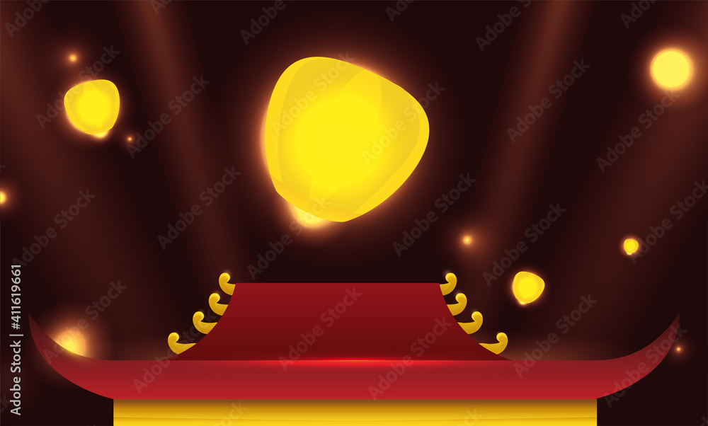 Floating and glowing fire balloons over Asian roof, Vector Illustration ...