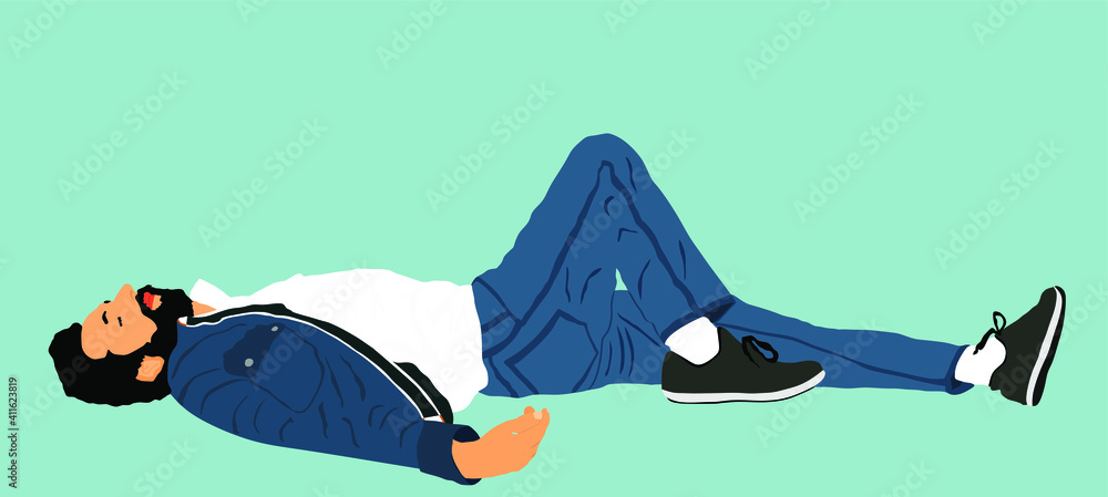 Homeless man sleeping on street in park vector. Migrant resting on ...