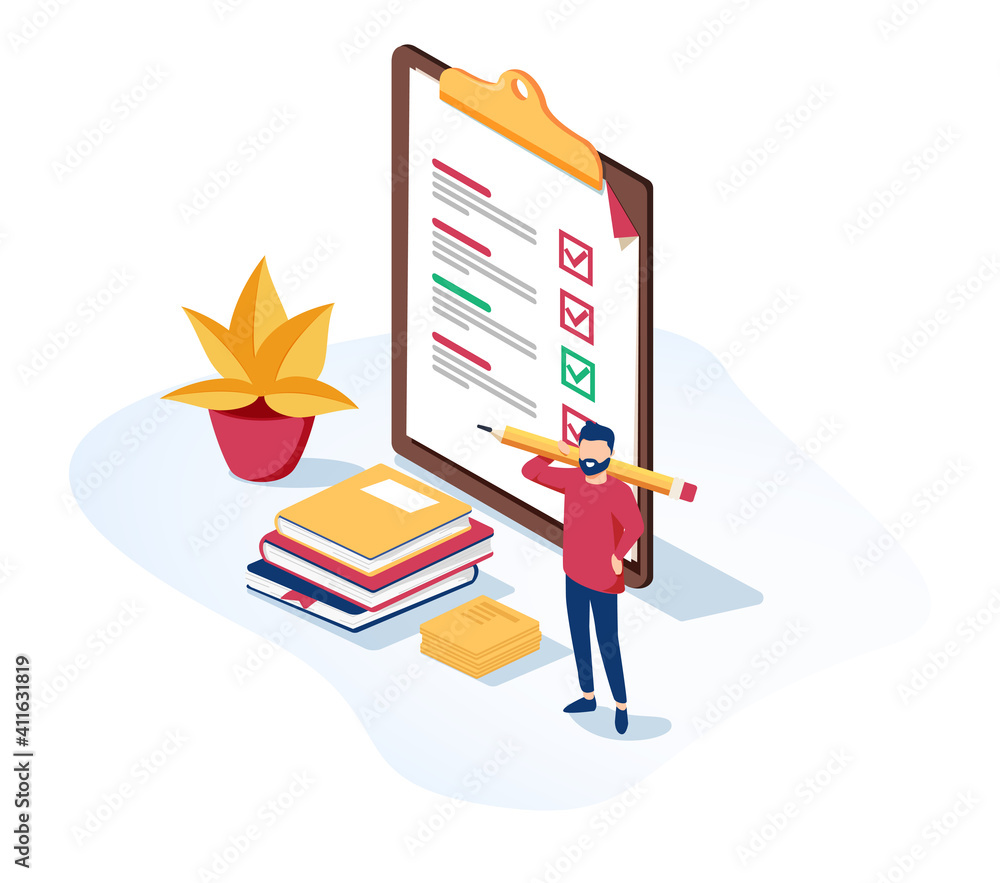 People Character Holding Pencil and Putting Check Mark on Checklist in ...