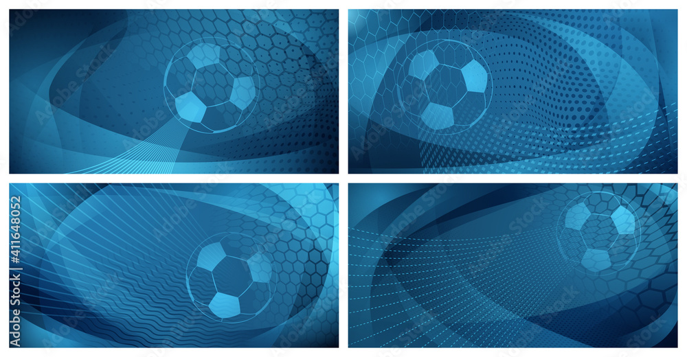 Set of four football or soccer backgrounds with big ball in light blue ...