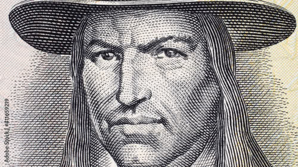 Tupac Amaru II portrait on Peruvian vintage banknote rotating, leader ...