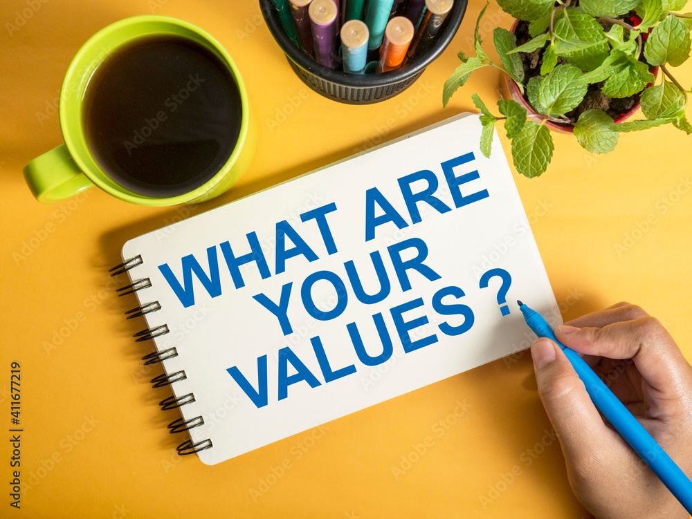 What are your core values, text words typography written on book ...