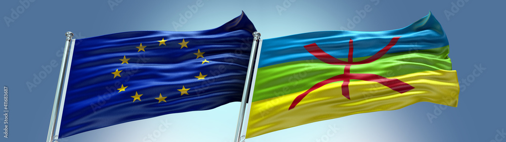 United States of America Flag and Amazigh Kabyle flag waving with ...