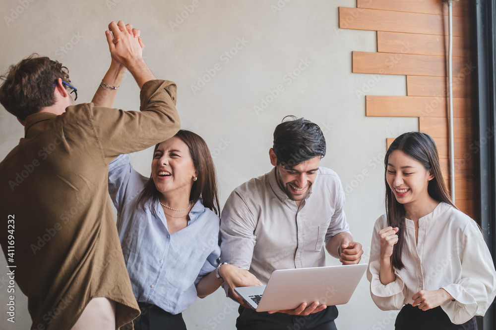 Cheer up,Amazed business people group,teamwork of young asian,caucasian ...