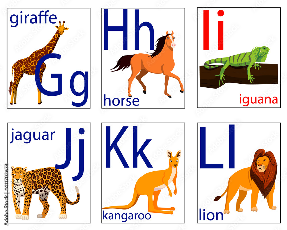 Flashcards for children with letters and images of animals to learn the ...