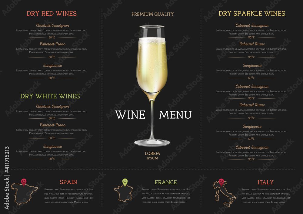 Wine restaurant menu design with realistic wine glass. Chalk background ...