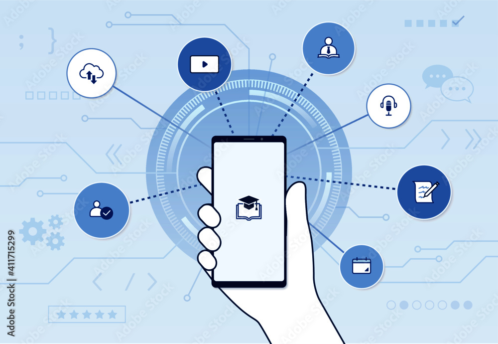 mobile learning illustration: online education with learning icons ...