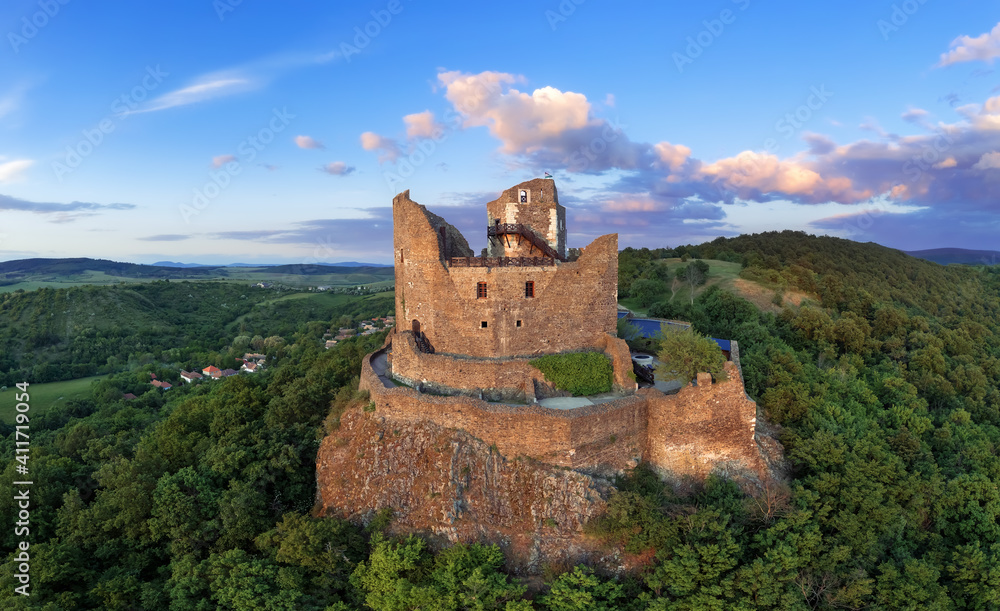 Historical monument in Hungary Mountains. Aerial landscape about a ...