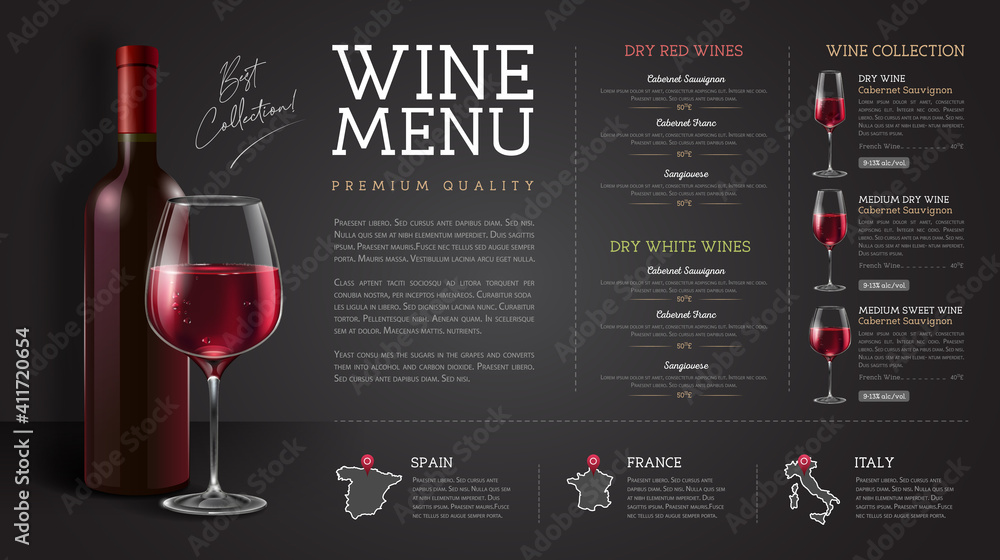Wine restaurant menu design with realistic wine glasses and bottles ...