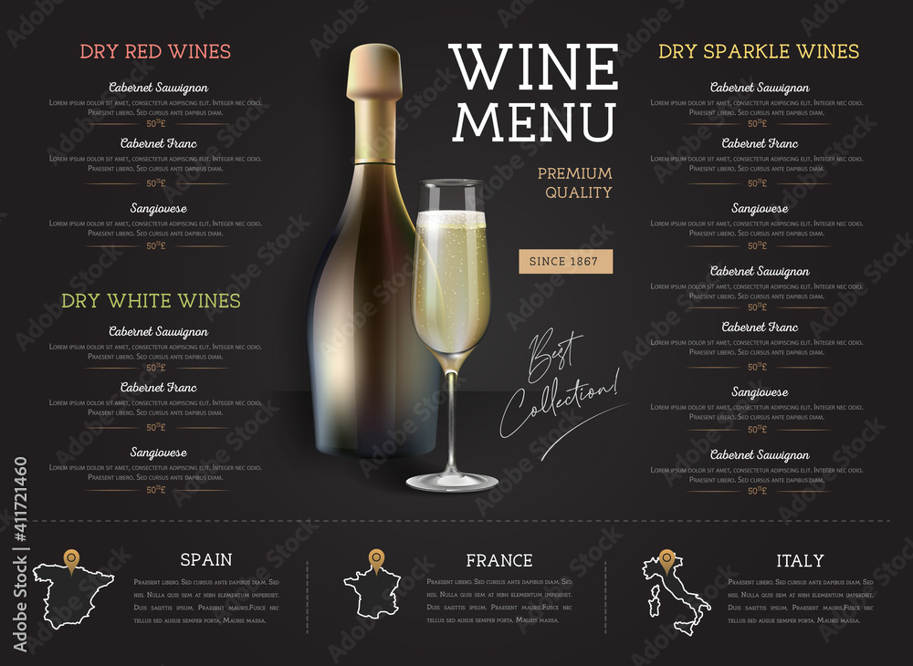 Wine restaurant menu design with realistic wine glasses and bottles ...