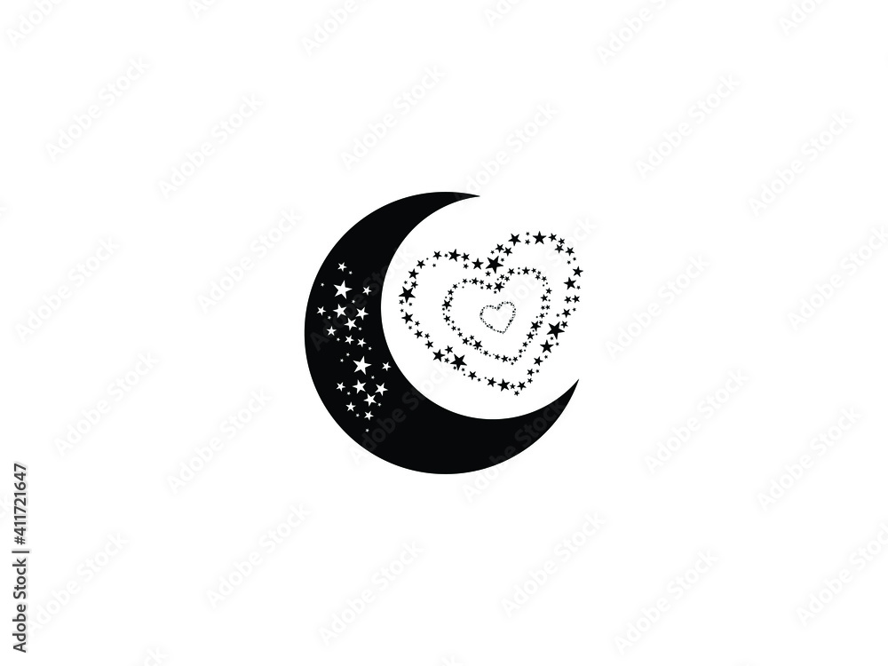 cartoon moon and stars in midnight. Abstract moon. Love heart Magic ...