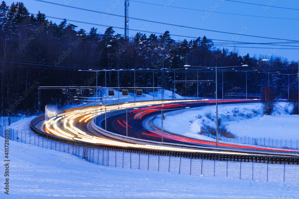 Stockholm, Sweden The E4 highway on a curve in the countryside in the ...