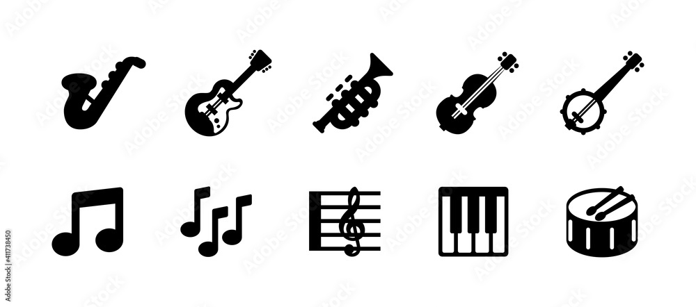 Set of Musical Instruments vector icons. Saxophone, Electric Guitar ...