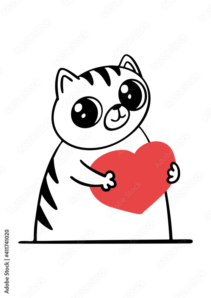 Cute cat holding a heart. Greeting card template. Happy Valentines's ...