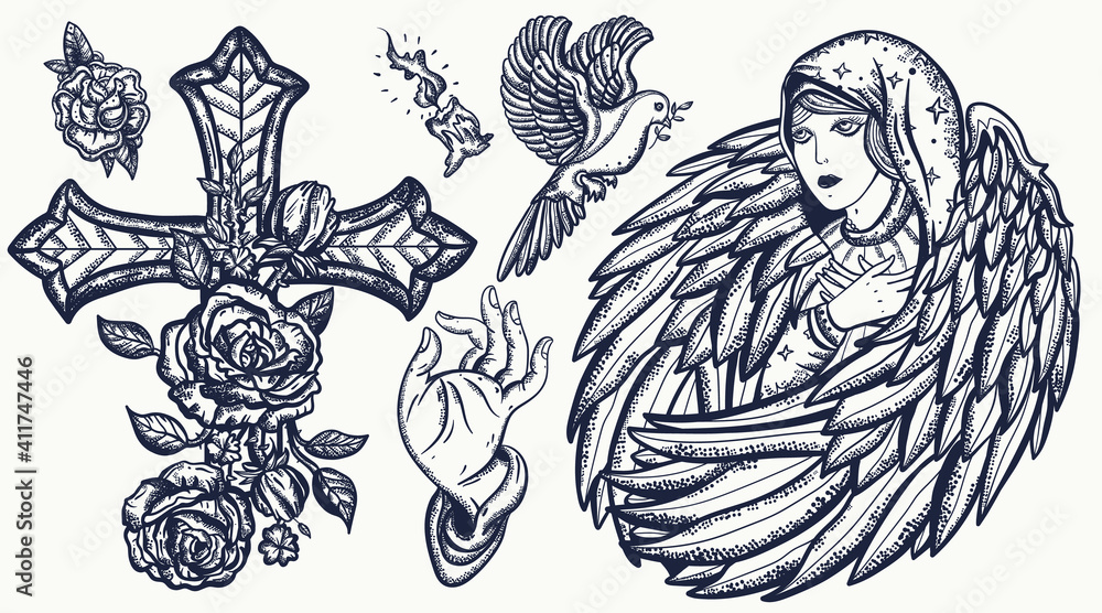 Angel. Old school tattoo vector collection. Good and evil set. Holy nun ...