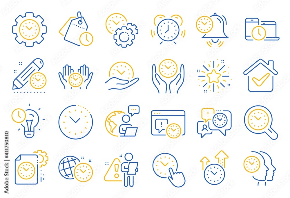 Time management line icons. Alarm clock, timer plan and project ...