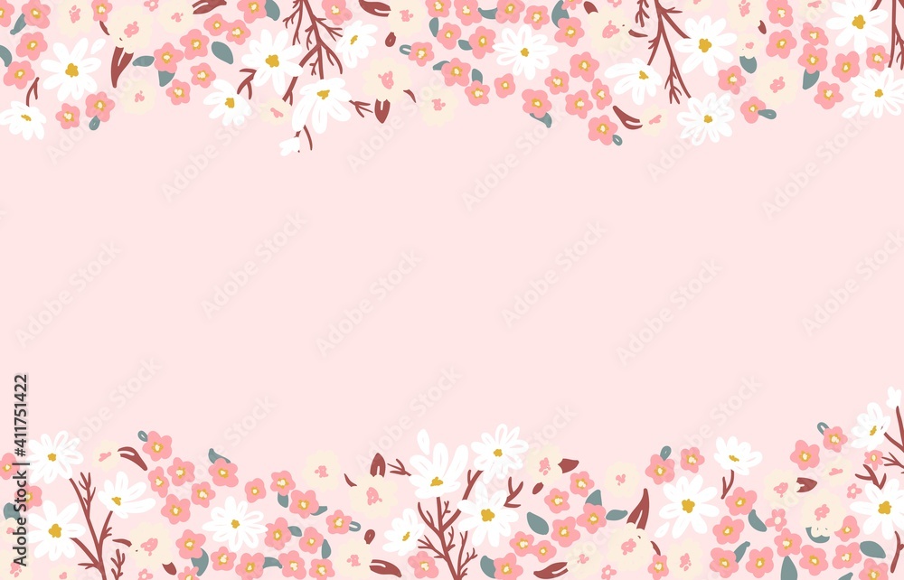 delicate pink floral border with wild flowers Stock Vector | Adobe Stock