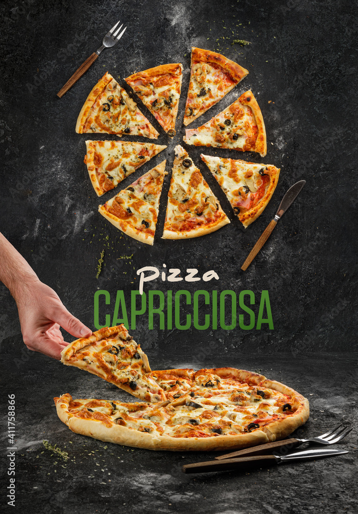 Home made original italian pizza with human hand holding pizza slice ...