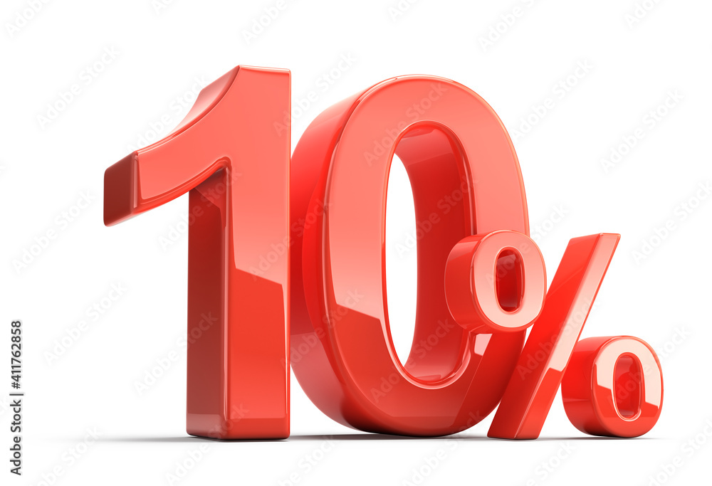 10 perecent. Glossy red ten percent sign isolated on white. Percentage ...