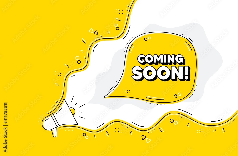 Coming soon. Loudspeaker alert message. Promotion banner sign. New ...