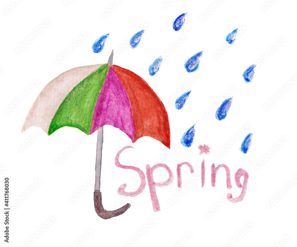 Watercolor illustration of umbrella, raindrops and lettering Spring ...