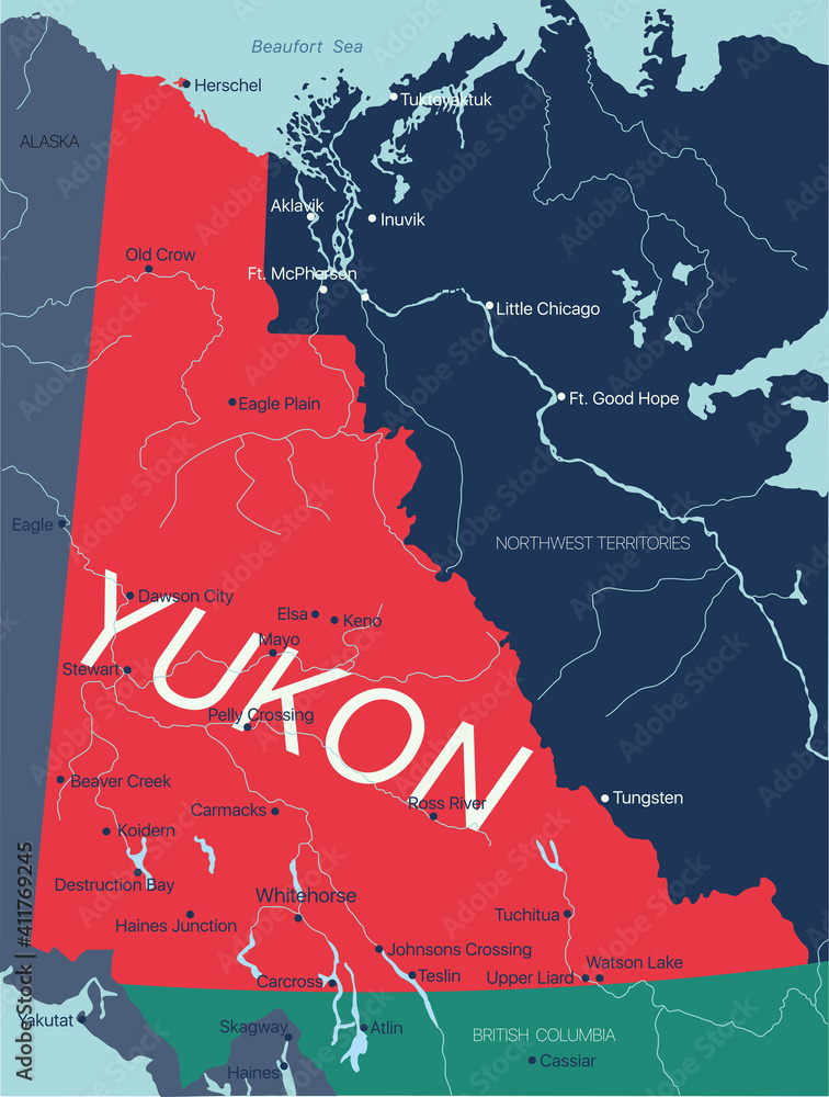 Yukon Territory vector editable map of the Canada with capital ...