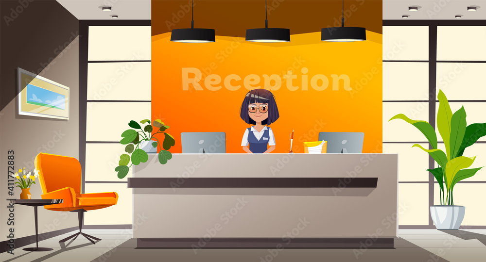 Young woman, reception desk. Interior design office Stock Vector ...