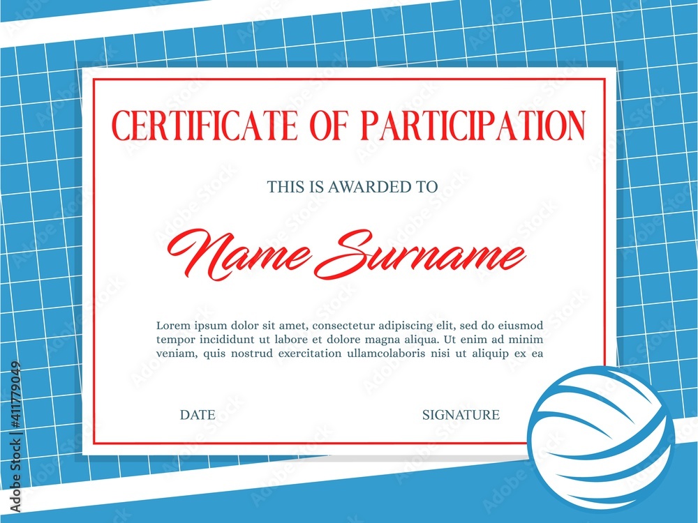 Certificate of participation in volleyball tournament. Sports club ...